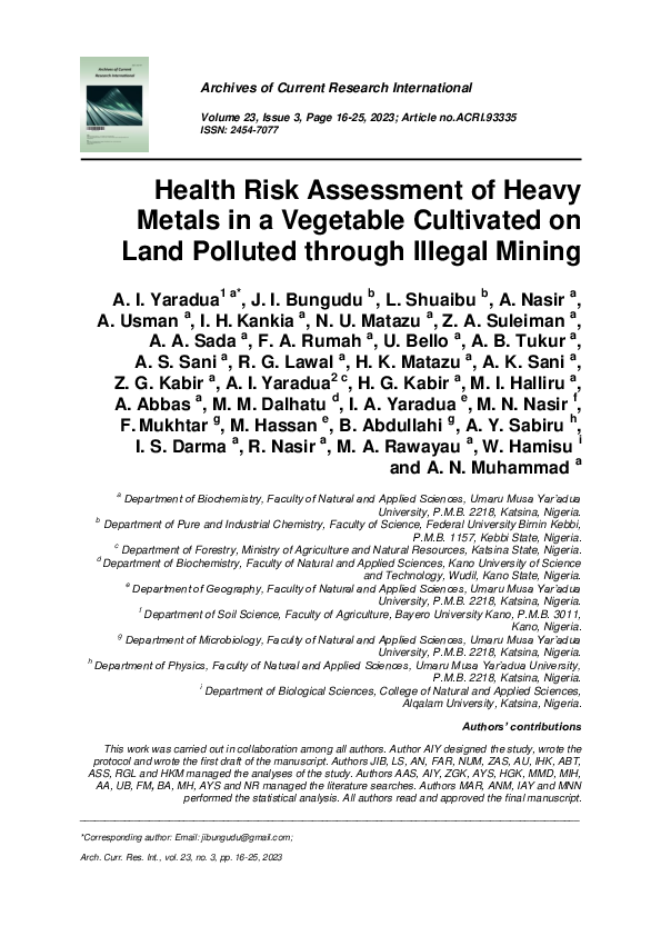 (PDF) Health Risk Assessment of Heavy Metals in a Vegetable Cultivated ...