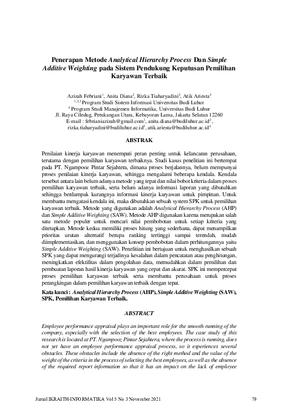 (PDF) Penerapan Metode Analytical Hierarchy Process Dan Simple Additive Weighting pada Sistem ...