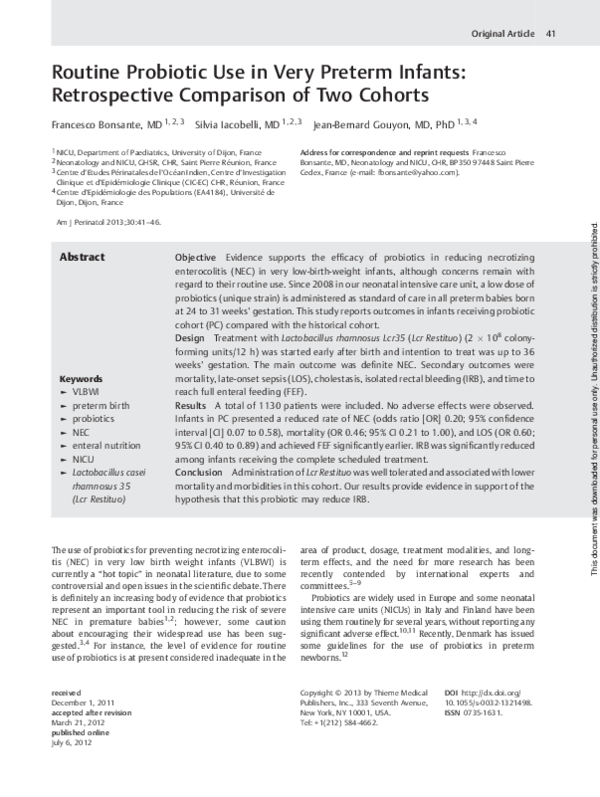 (PDF) Routine Probiotic Use in Very Preterm Infants: Retrospective ...