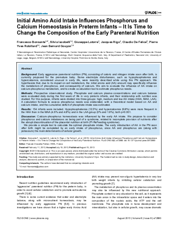 (PDF) Initial Amino Acid Intake Influences Phosphorus and Calcium ...