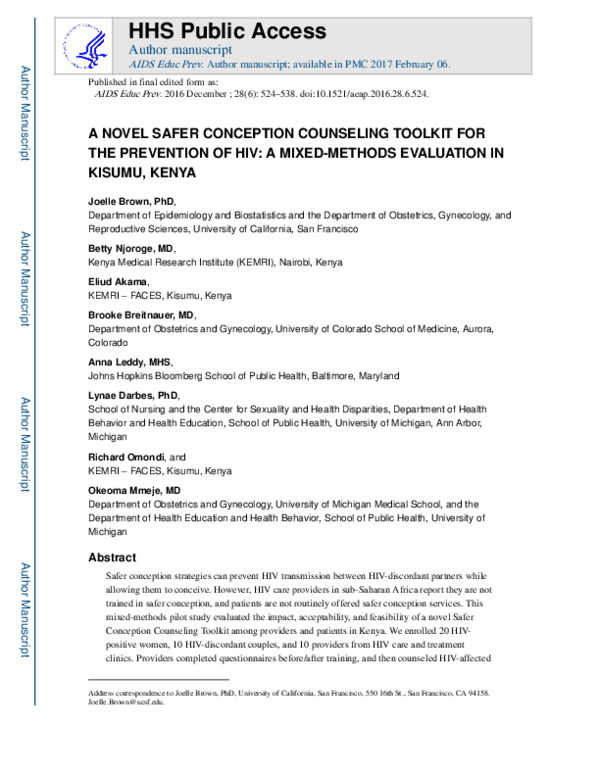 Pdf A Novel Safer Conception Counseling Toolkit For The Prevention Of Hiv A Mixed Methods