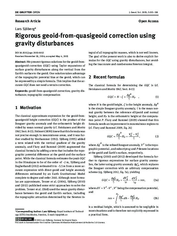 (PDF) Rigorous geoid-from-quasigeoid correction using gravity disturbances