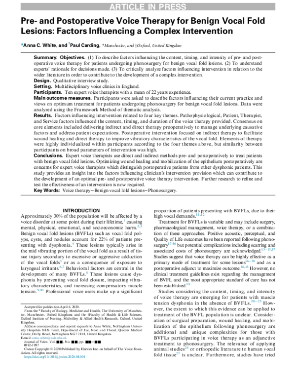 (PDF) Pre- and Postoperative Voice Therapy for Benign Vocal Fold Lesions: Factors Influencing a ...