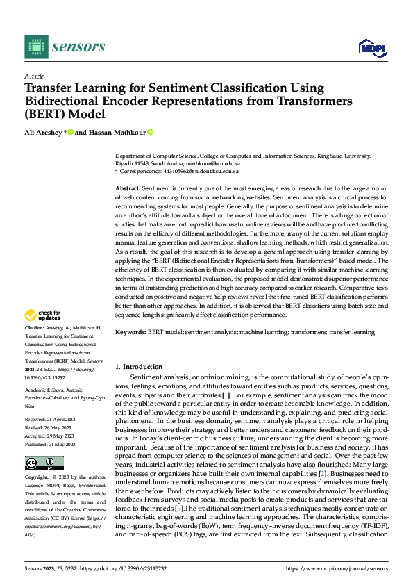 (PDF) Transfer Learning for Sentiment Classification Using Bidirectional Encoder Representations ...