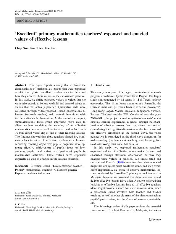 (PDF) ‘Excellent’ primary mathematics teachers’ espoused and enacted ...