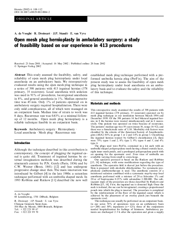 (PDF) Open mesh plug hernioplasty in ambulatory surgery: a study of ...