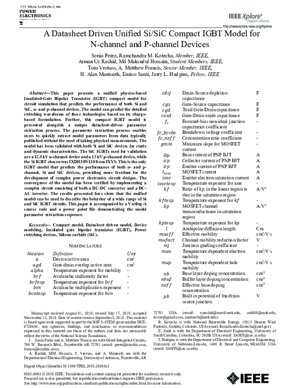(PDF) A Datasheet Driven Unified Si/SiC Compact IGBT Model for N-Channel and P-Channel Devices