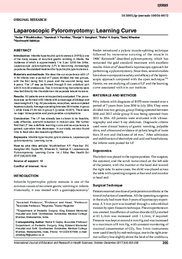Pdf Laparoscopic Pyloromyotomy Learning Curve Kedar Mudkhedkar