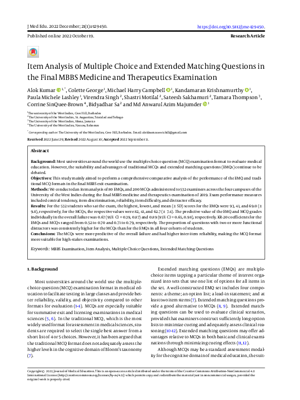 (PDF) Item Analysis of Multiple Choice and Extended Matching Questions ...