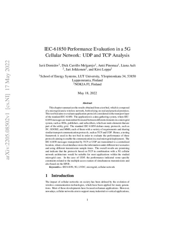 (PDF) IEC-61850 Performance Evaluation in a 5G Cellular Network: UDP and TCP Analysis