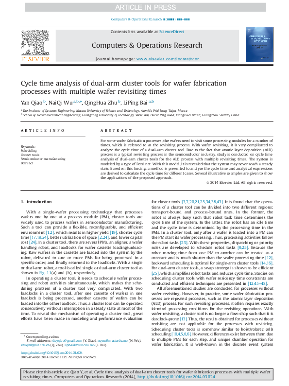(PDF) Cycle time analysis of dual-arm cluster tools for wafer ...