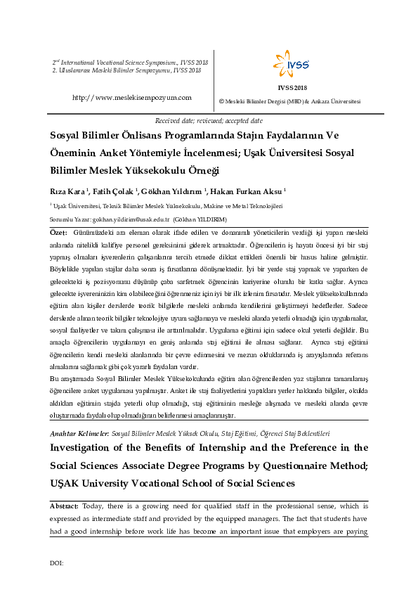 (DOC) Sosyal Bilimler Önlisans Programlarında Stajın Faydalarının ve Öneminin Anket Yöntemiyle ...