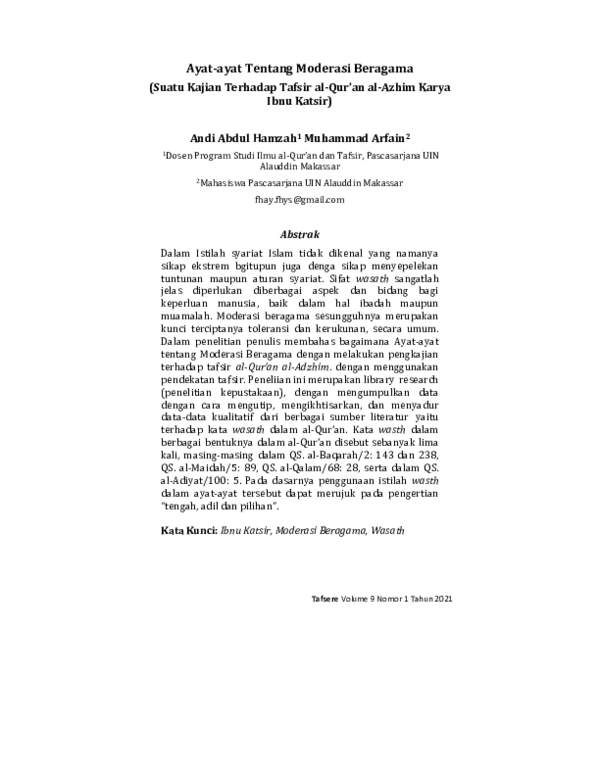 Pdf Ayat Ayat Tentang Moderasi Beragama Suatu Kajian Terhadap Tafsir