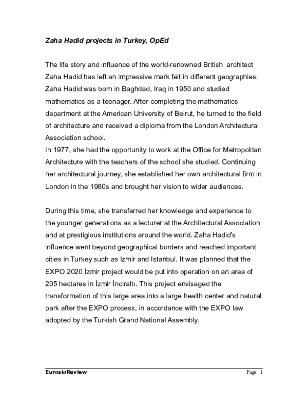 (PDF) Zaha Hadid projects in Turkey, OpEd
