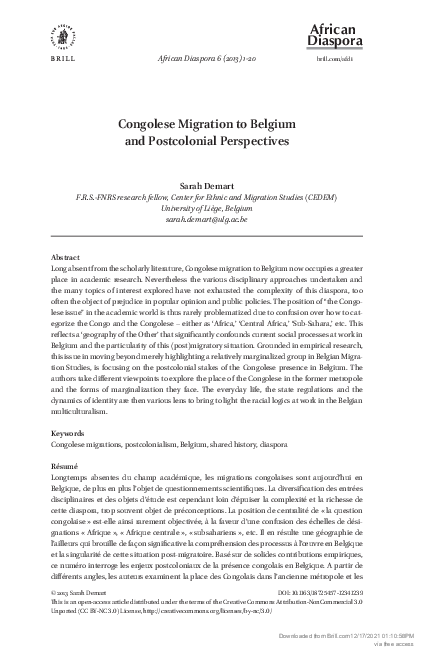 (PDF) Congolese Migration to Belgium and Postcolonial Perspectives