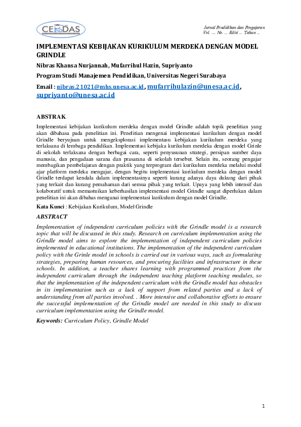 (PDF) IMPLEMENTASI KEBIJAKAN KURIKULUM MERDEKA DENGAN MODEL GRINDLE