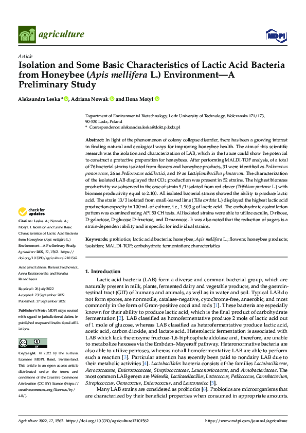 (PDF) Isolation and Some Basic Characteristics of Lactic Acid Bacteria from Honeybee (Apis ...