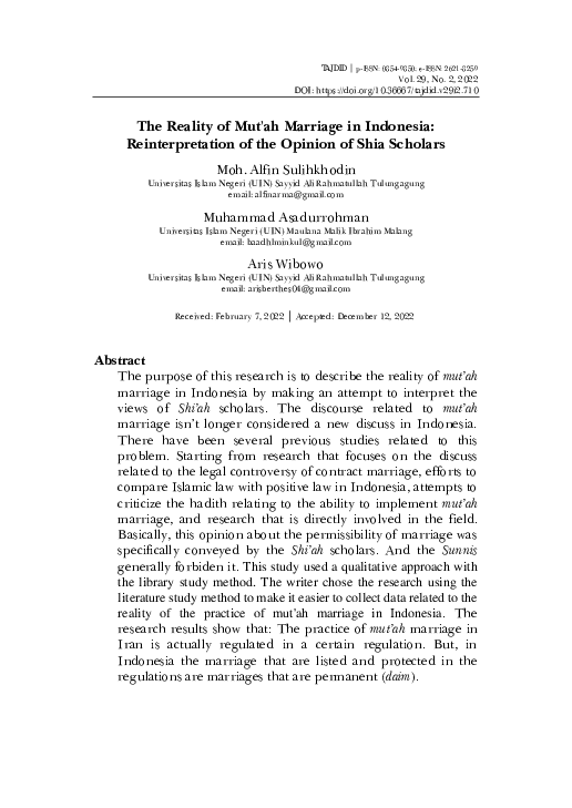(PDF) The Reality of Mut'ah Marriage in Indonesia: Reinterpretation of the Opinion of Shia Scholars