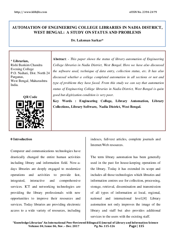 (PDF) AUTOMATION OF ENGINEERING COLLEGE LIBRARIES IN NADIA DISTRICT ...