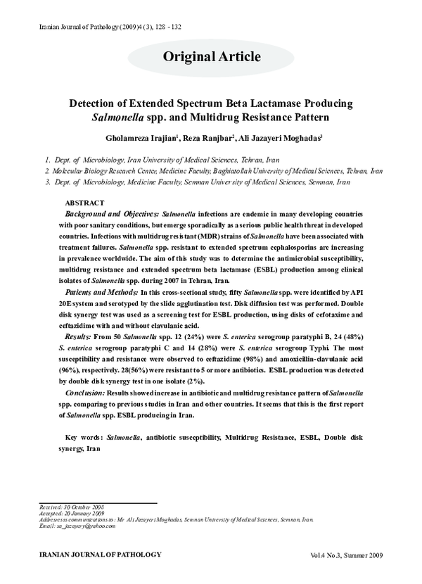 (PDF) Detection of Extended Spectrum Beta Lactamase Producing Salmonella spp. and Multidrug ...