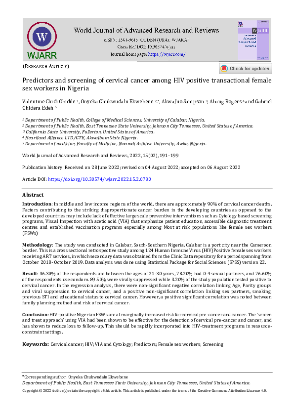 Pdf Predictors And Screening Of Cervical Cancer Among Hiv Positive 9921