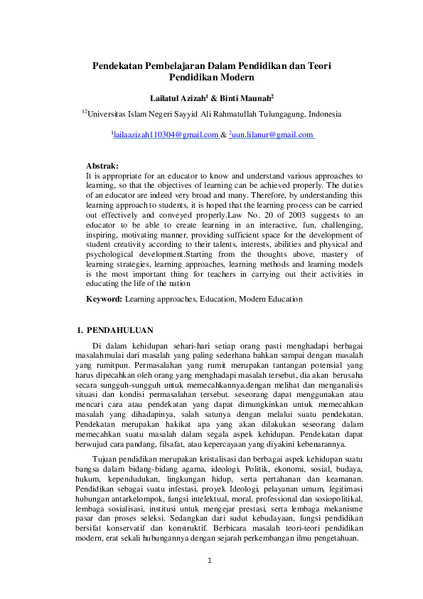 (PDF) Pendekatan Pembelajaran Dalam Pendidikan dan Teori Pendidikan Modern