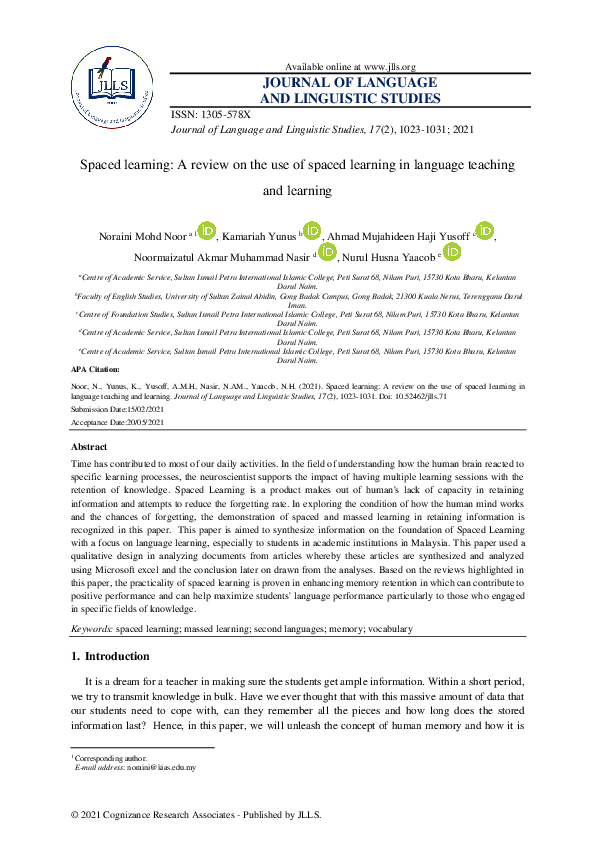 (PDF) Spaced learning: A review on the use of spaced learning in language teaching and learning