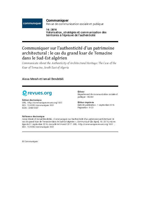 (PDF) Communicate About the Authenticity of Architectural Heritage: The Case of the Ksar of ...