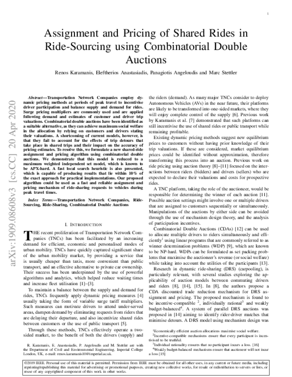 (PDF) Assignment and Pricing of Shared Rides in Ride-Sourcing Using Combinatorial Double Auctions