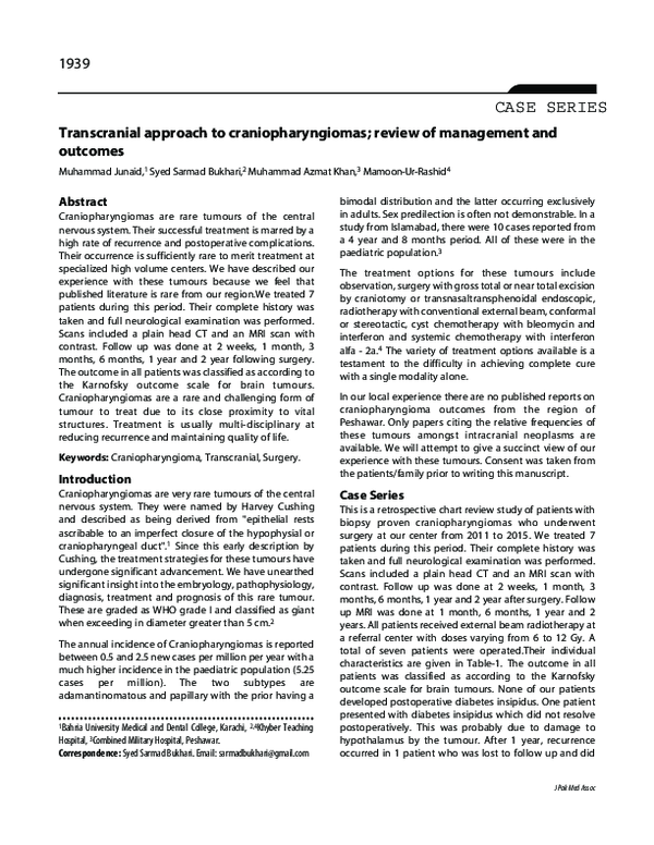 (PDF) Transcranial approach to craniopharyngiomas; review of management ...