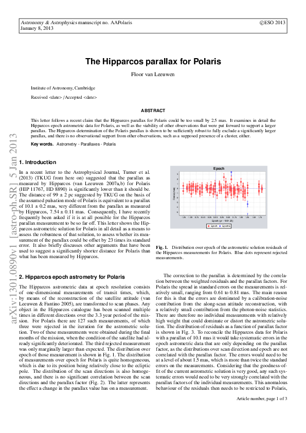(PDF) The HIPPARCOS parallax for Polaris