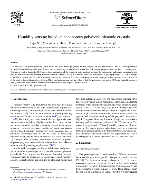 (PDF) Humidity sensing based on nanoporous polymeric photonic crystals