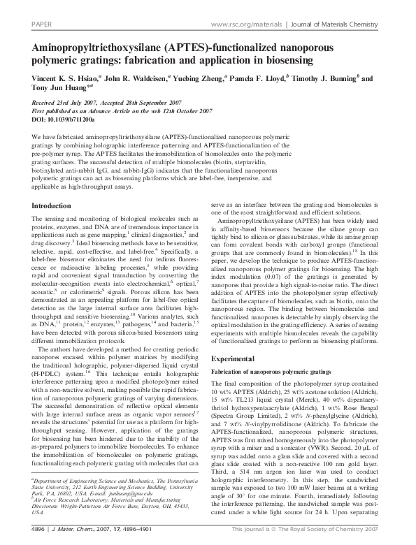 (PDF) Aminopropyltriethoxysilane (APTES)-functionalized nanoporous ...