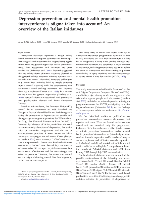 (PDF) Depression prevention and mental health promotion interventions ...