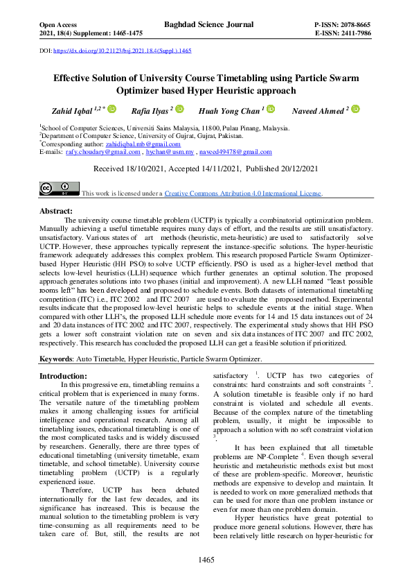 Pdf Effective Solution Of University Course Timetabling Using Particle Swarm Optimizer Based