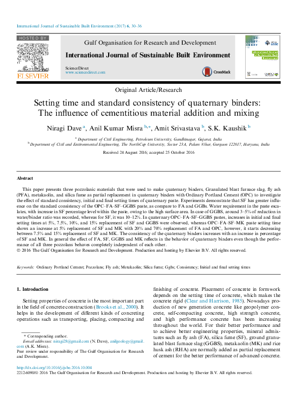(PDF) Setting time and standard consistency of quaternary binders: The ...