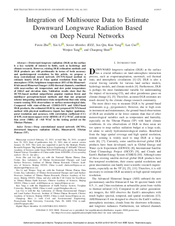 (PDF) Integration of Multisource Data to Estimate Downward Longwave Radiation Based on Deep ...