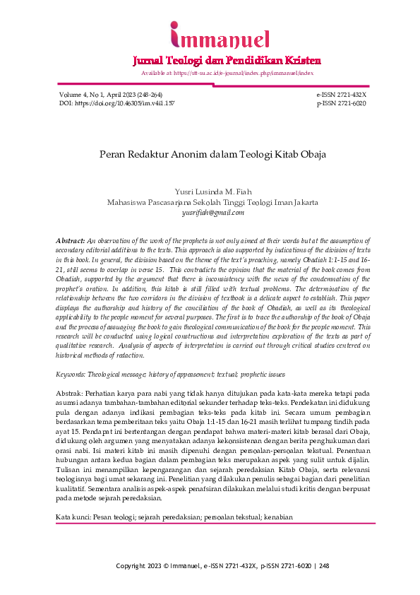 (PDF) Peran Redaktur Anonim dalam Teologi Kitab Obaja