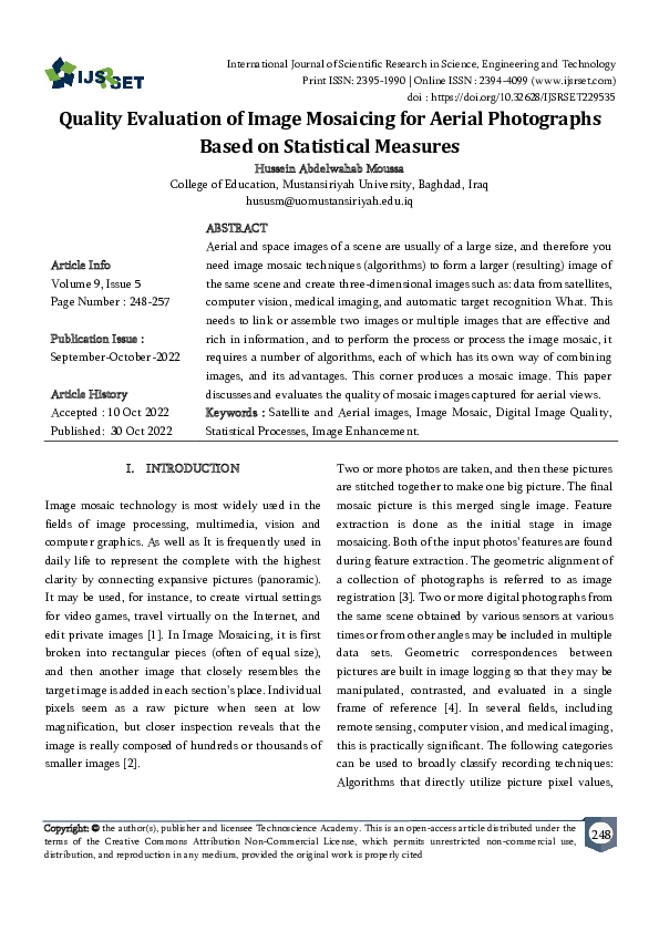 (PDF) Quality Evaluation of Image Mosaicing for Aerial Photographs Based on Statistical Measures