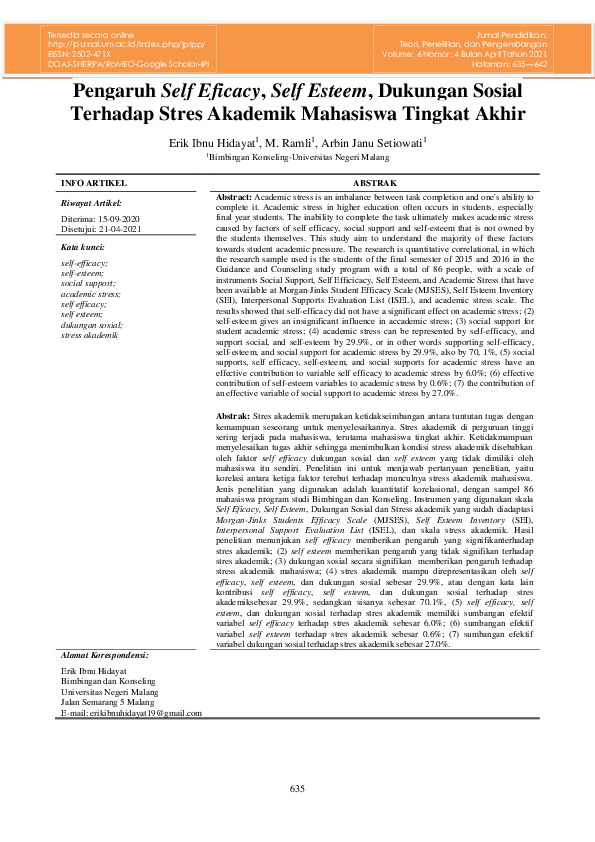 (PDF) Pengaruh Self Eficacy, Self Esteem, Dukungan Sosial Terhadap Stres Akademik Mahasiswa ...