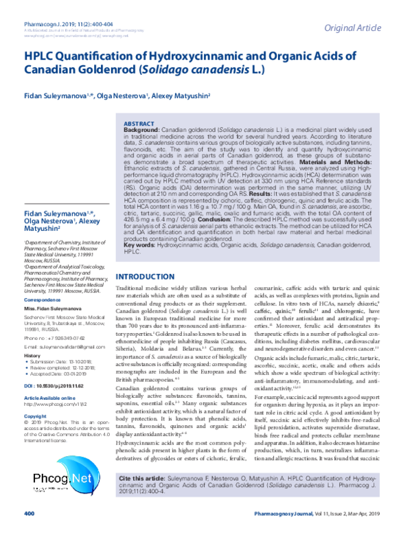 (PDF) HPLC Quantification of Hydroxycinnamic and Organic Acids of ...