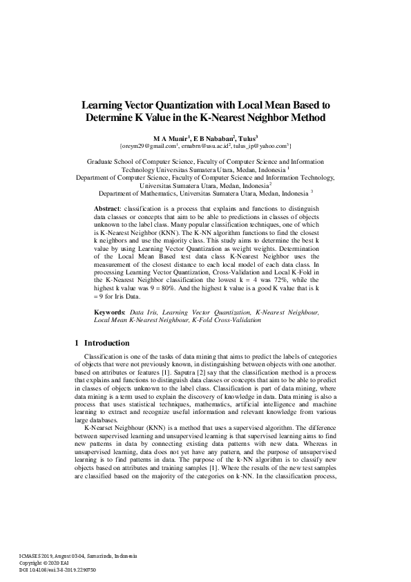 (PDF) Learning Vector Quantization with Local Mean Based to Determine K Value in the K-Nearest ...