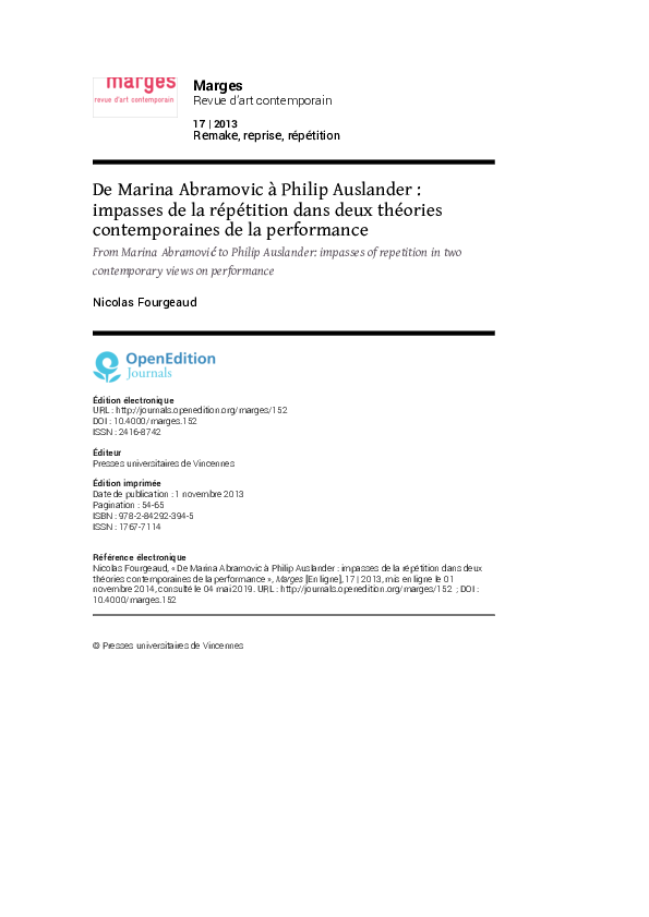 (PDF) De Marina Abramovic à Philip Auslander : impasses de la ...