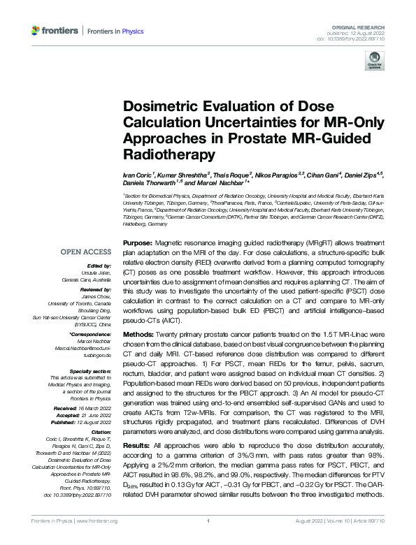 (PDF) Dosimetric Evaluation of Dose Calculation Uncertainties for MR-Only Approaches in Prostate ...