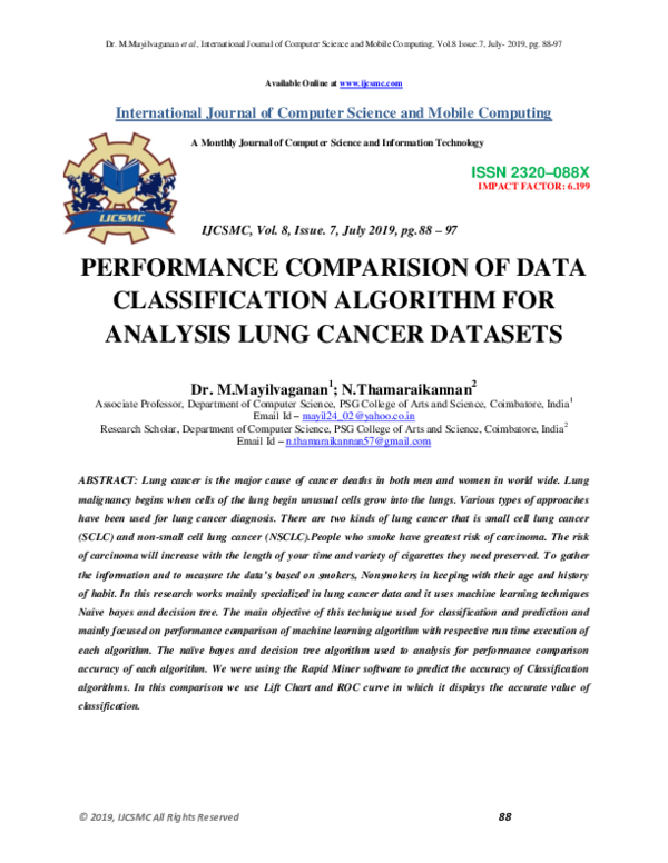 Performance Comparision of Data Classification Algorithm for Analysis Lung Cancer Datasets