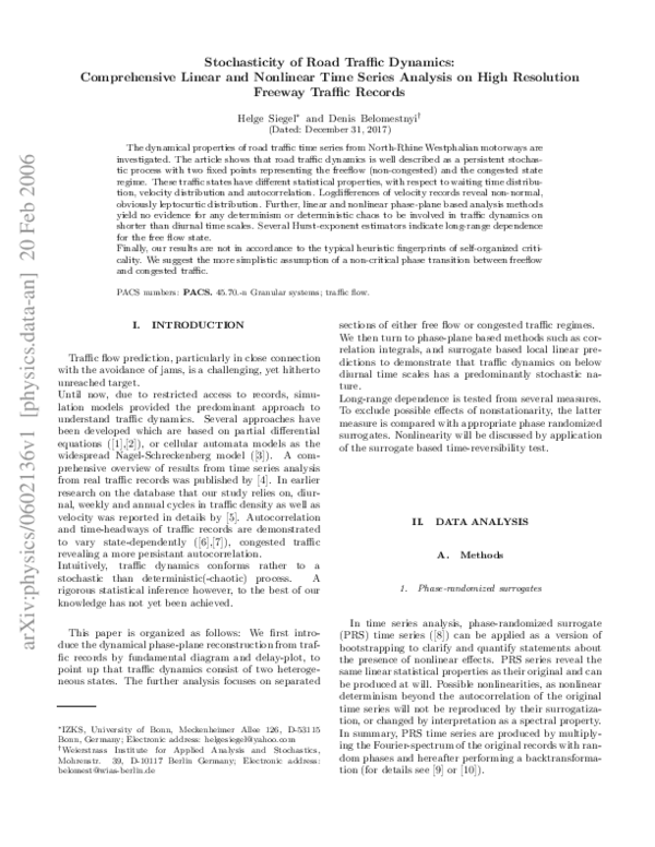 (PDF) Stochasticity of Road Traffic Dynamics: Comprehensive Linear and ...