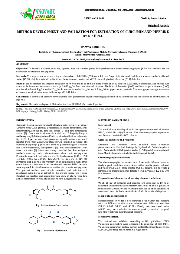 Pdf Method Development And Validation For Estimation Of Curcumin And Piperine By Rp Hplc