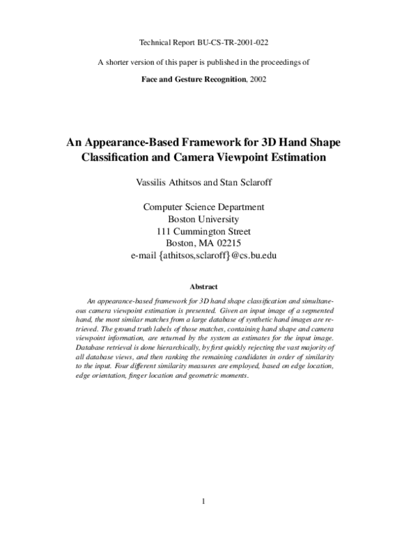 (PDF) An appearance-based framework for 3D hand shape classification and camera viewpoint estimation