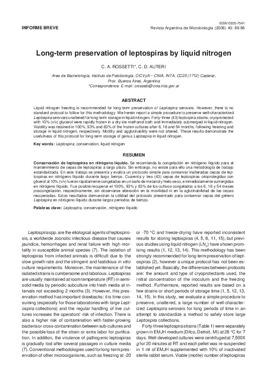 (PDF) Long-term preservation of leptospiras by liquid nitrogen