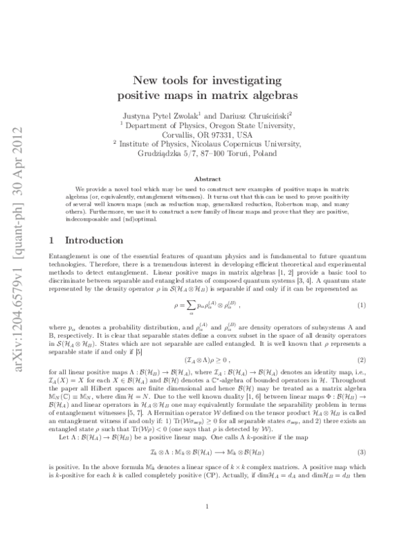 (PDF) New Tools for Investigating Positive Maps in Matrix Algebras